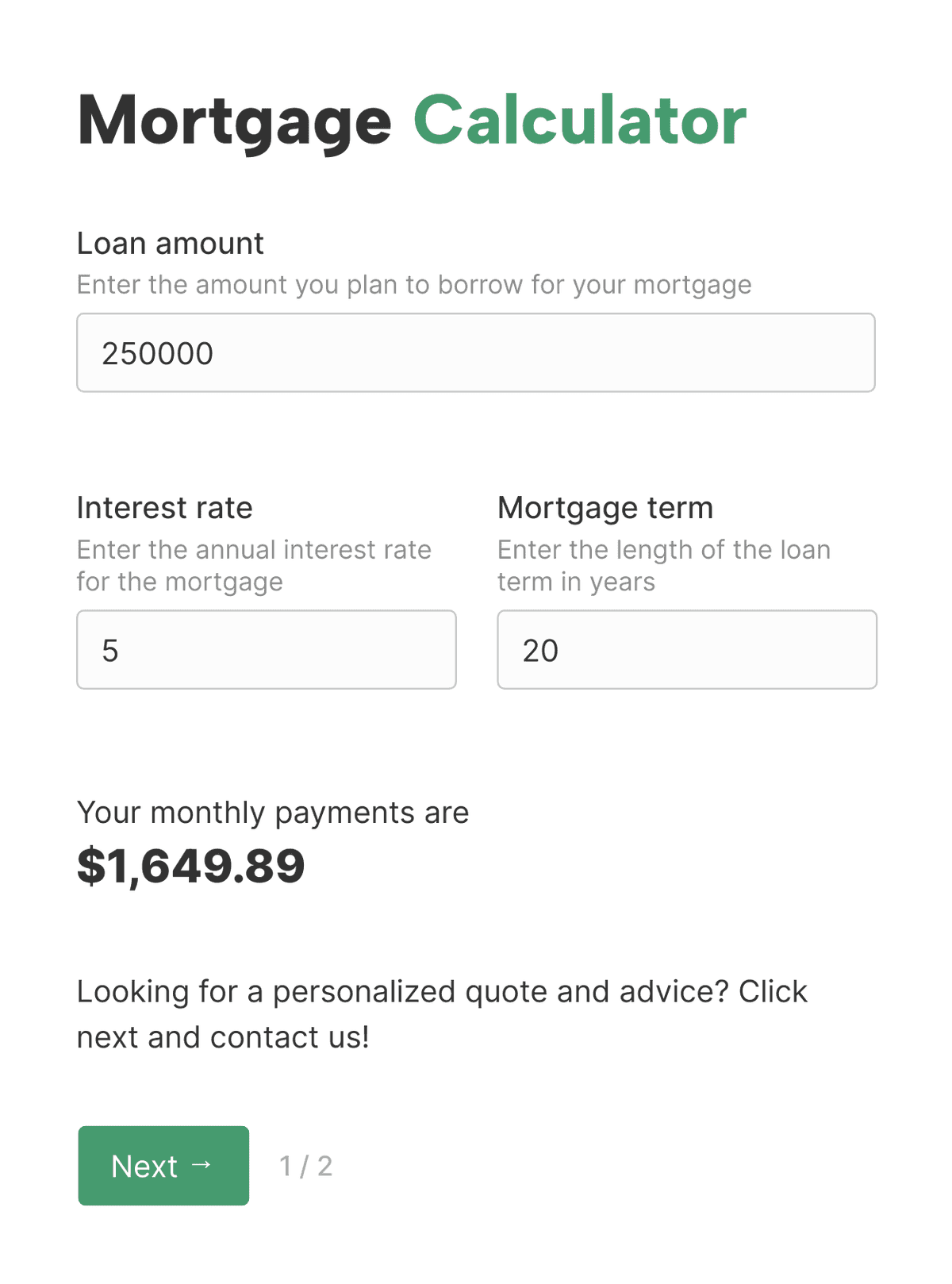 Mortgage Calculator Form Template
